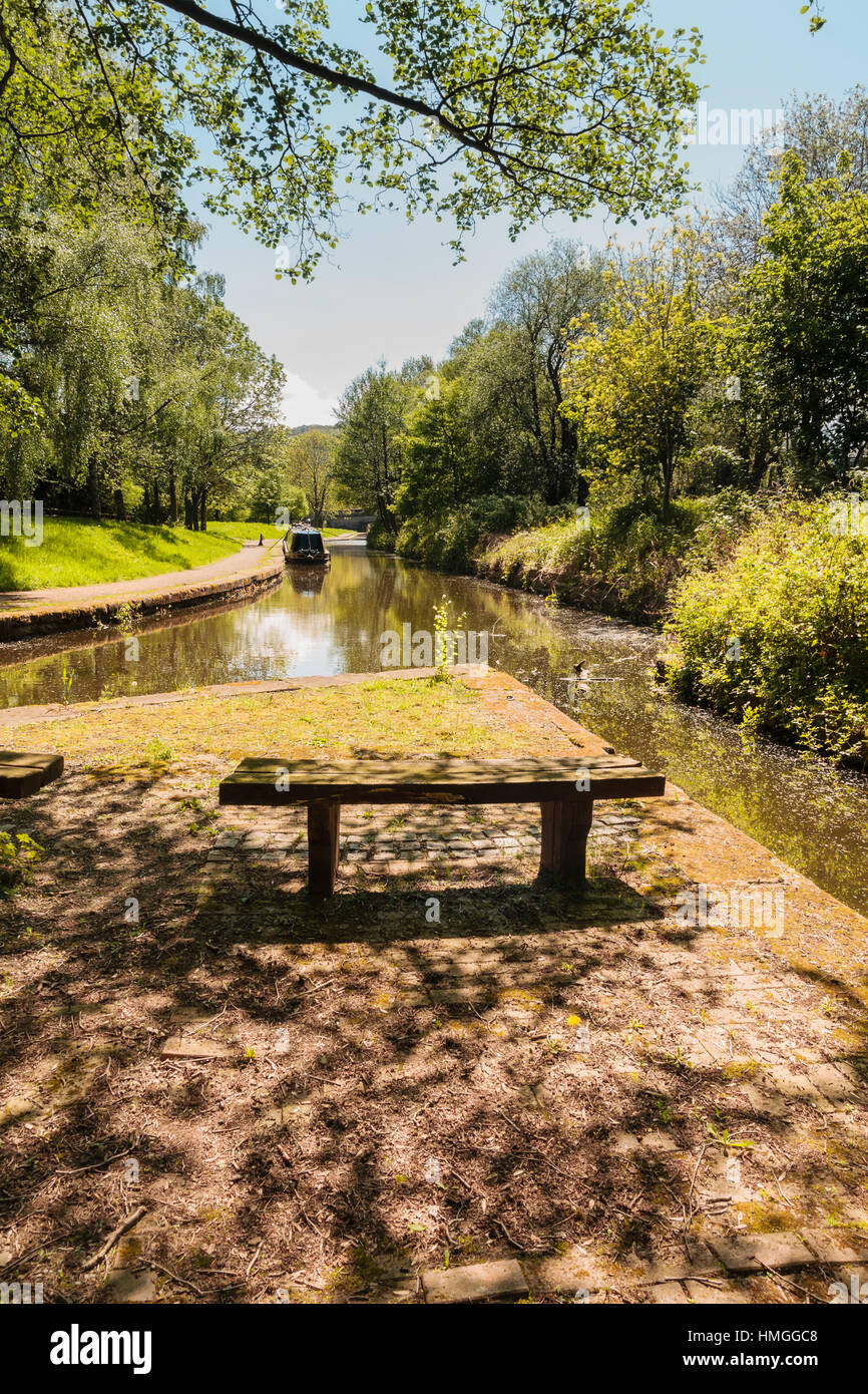 Shady tree lined view of the Llangollen canal at Pontcysyllte with a ...