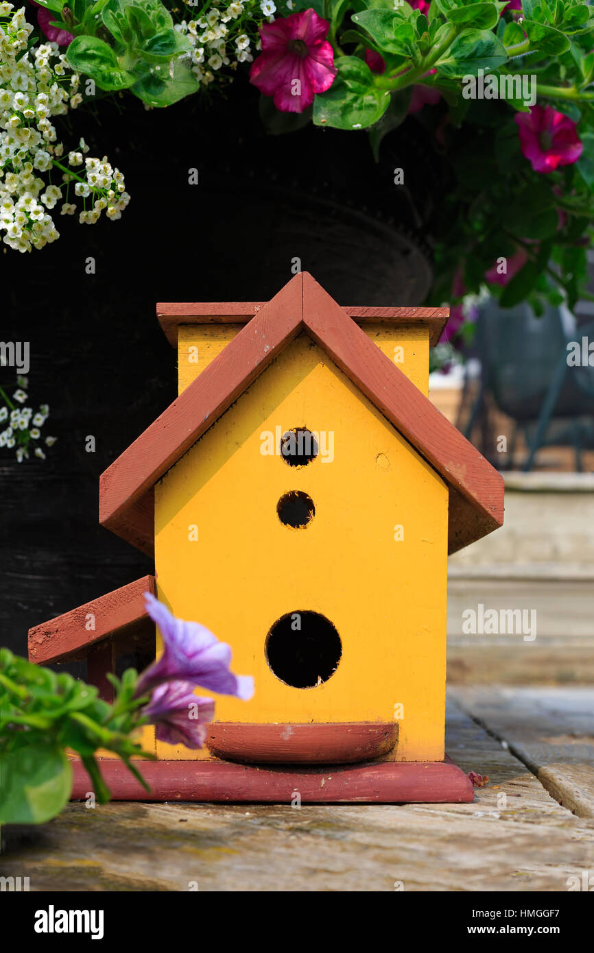 Yellow bird house on an outdoor patio or deck Stock Photo - Alamy