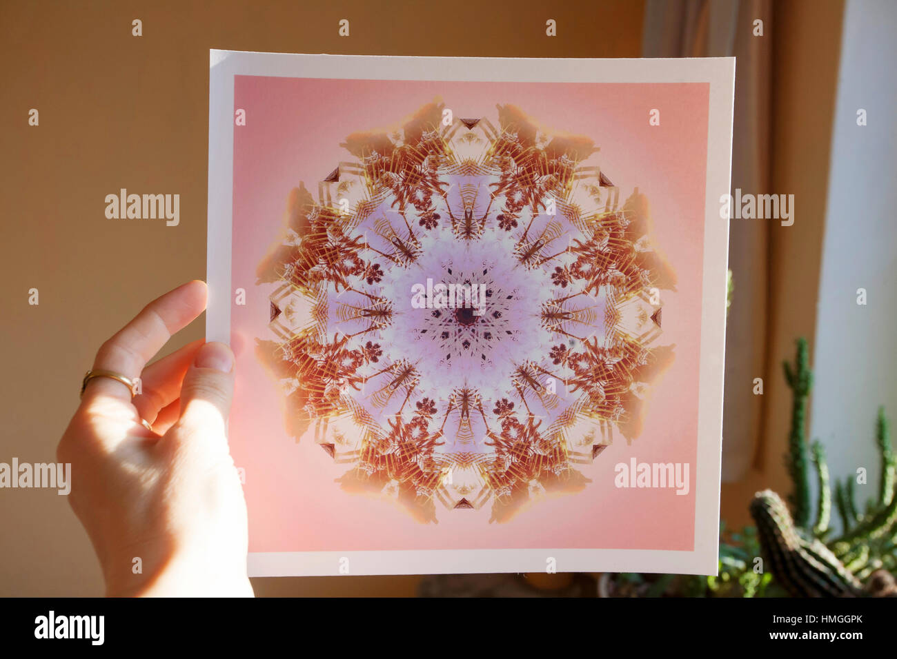 Hand holding abstract mandala picture inside home interior Stock Photo ...