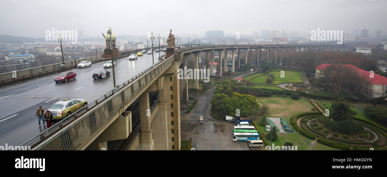 Western approach road on viaduct to bridge across the Yangtze River ...