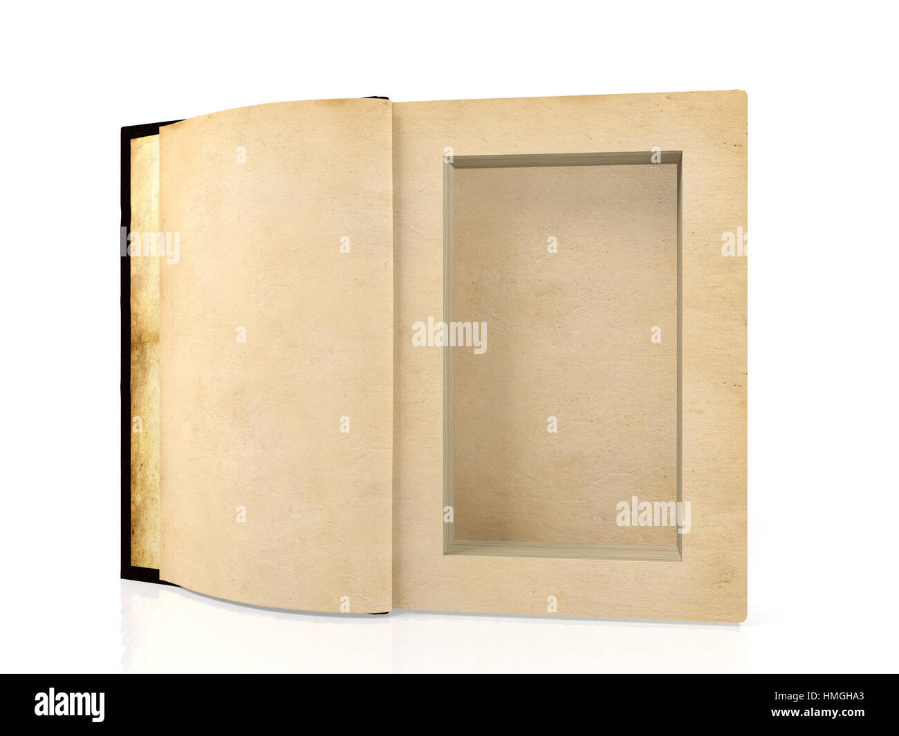 Opened ancient paper book with a hole in a middle for hiding something ...