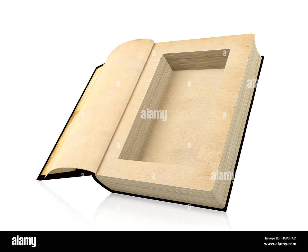 Opened ancient paper book with a hole in a middle for hiding something ...