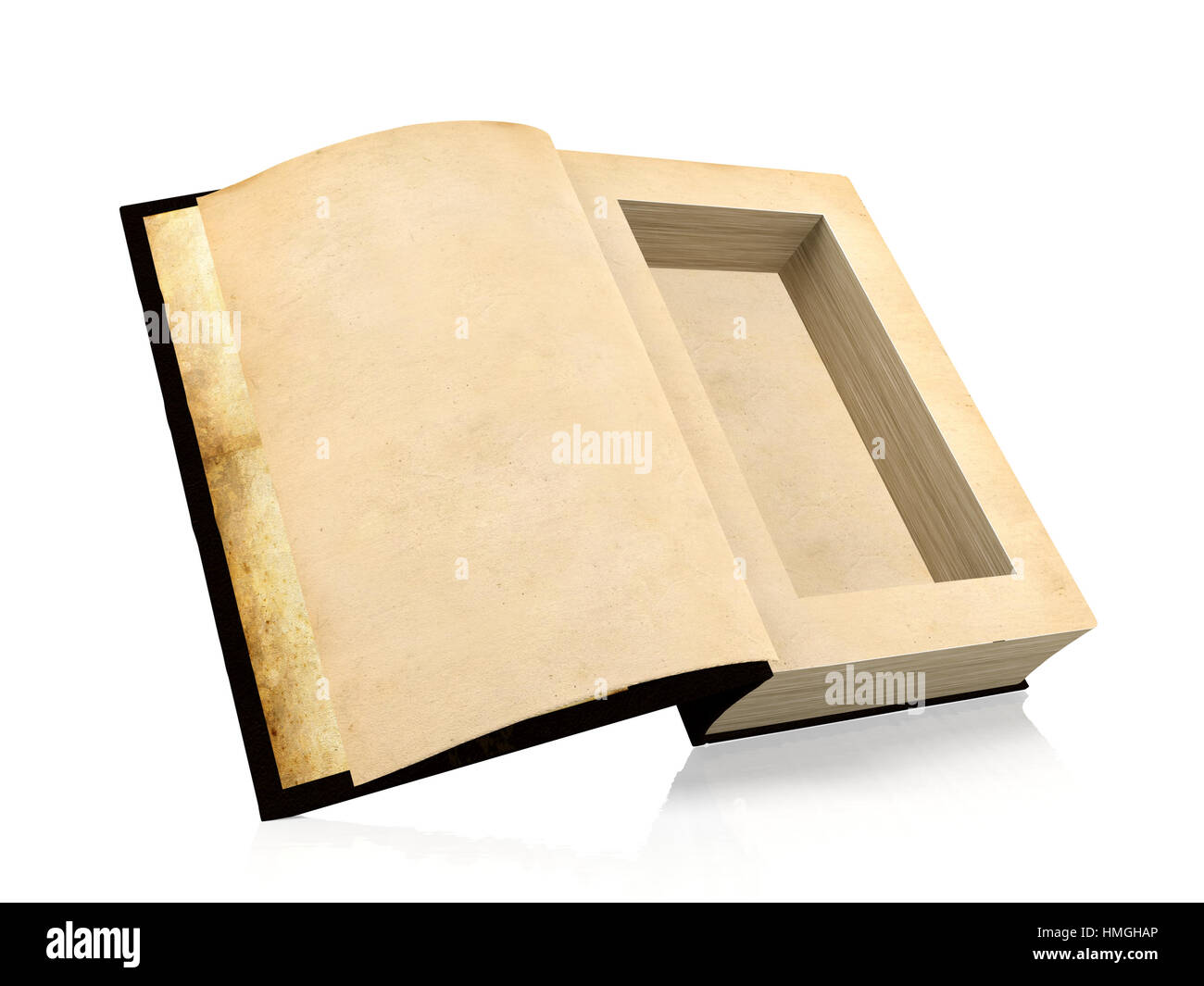 Opened ancient paper book with a hole in a middle for hiding something ...