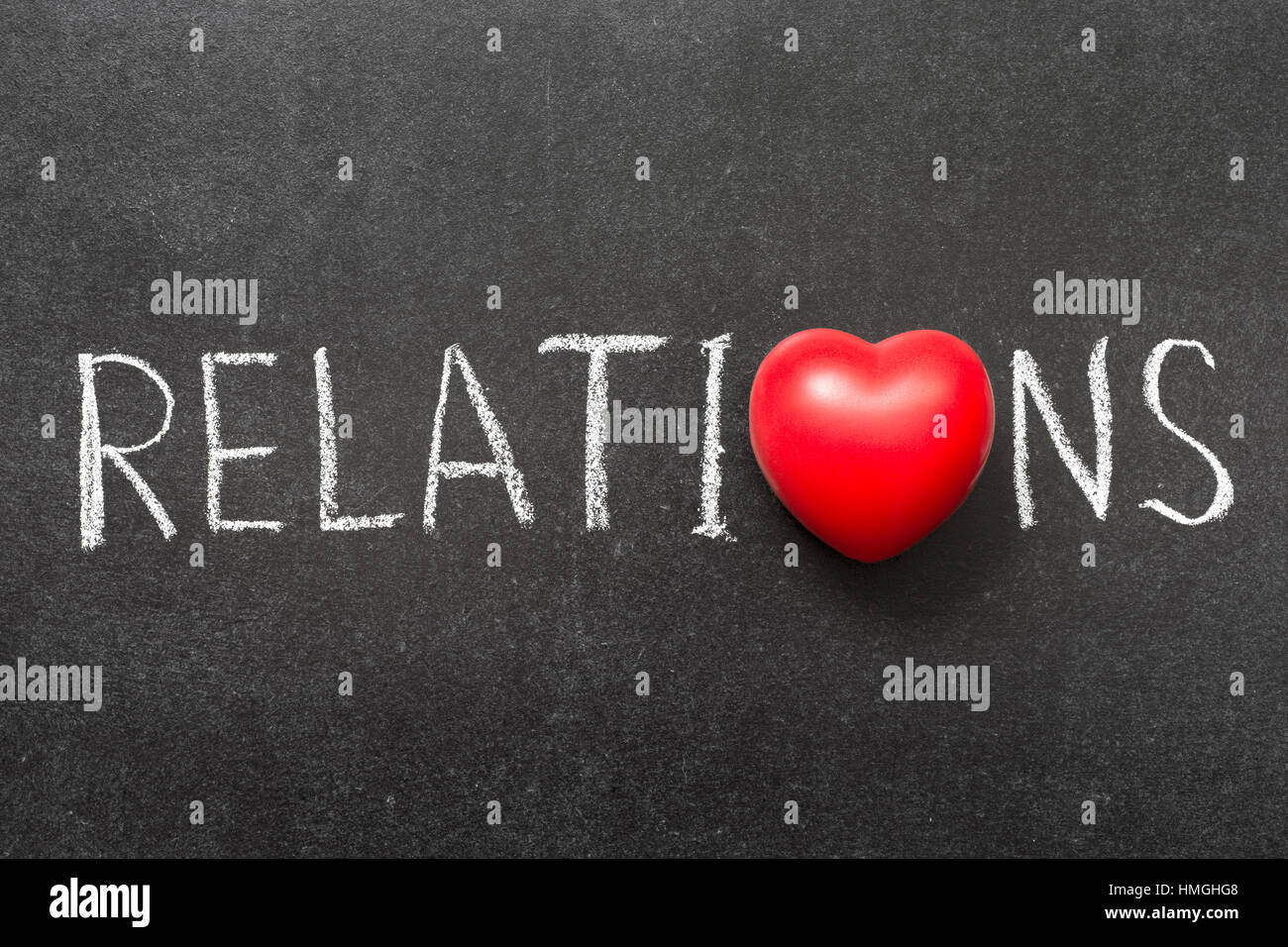 relations word handwritten on blackboard with heart symbol instead of O ...