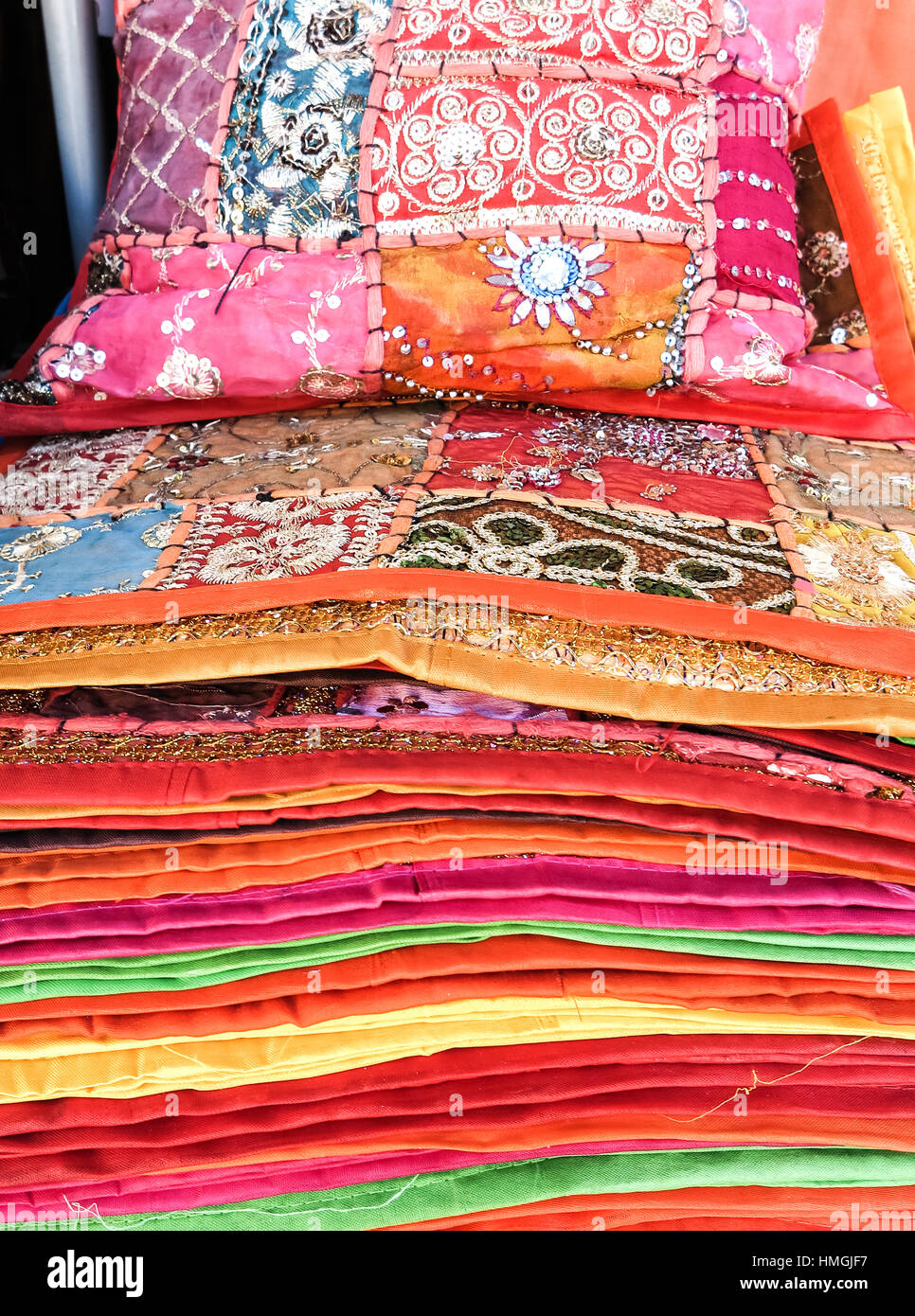 Beautiful colorful variety of Greek cushions on a street display Stock ...