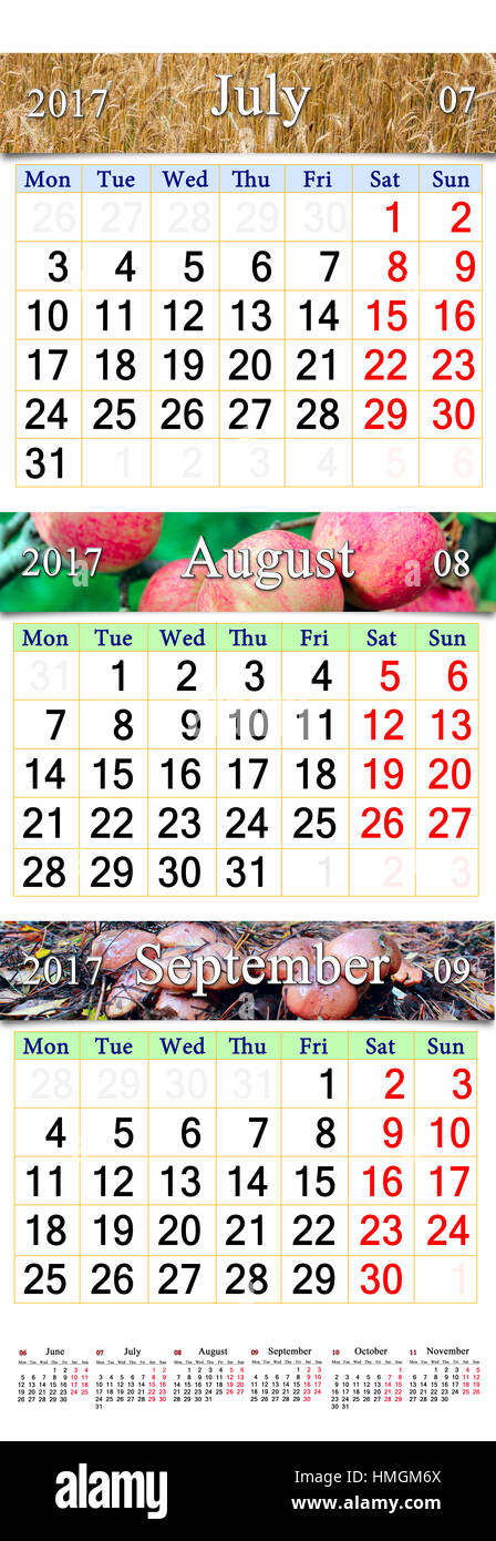 calendar for three months July August and September 2017 with images of ...