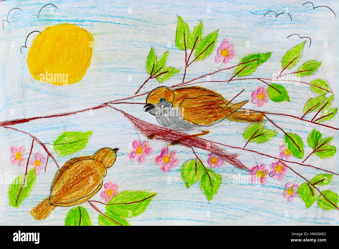 children's drawing of pair of birds sitting on the branch Stock Photo ...