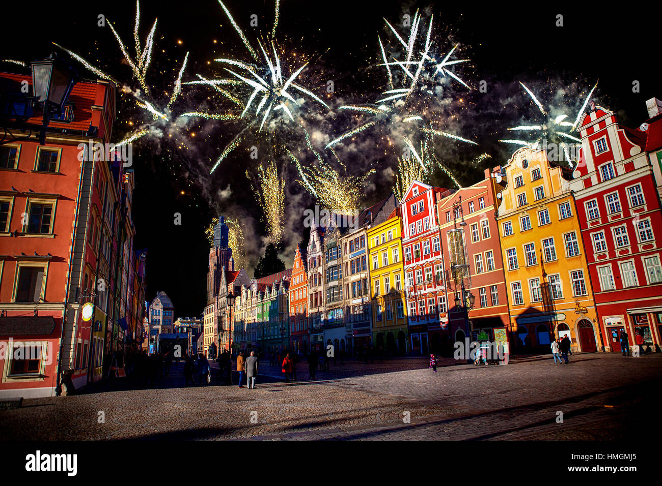 Fireworks over the square of the European city.Wroclaw, Poland Stock ...