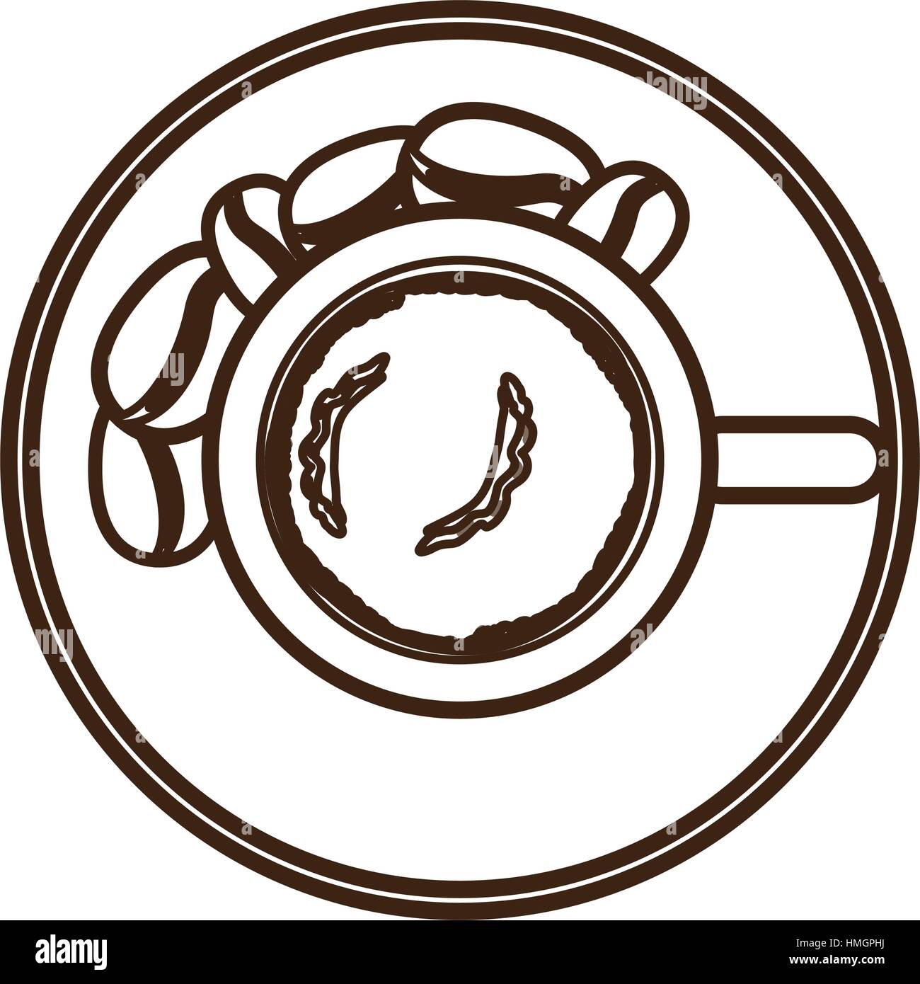 monochrome round contour with coffee cup top view and cofee beans ...