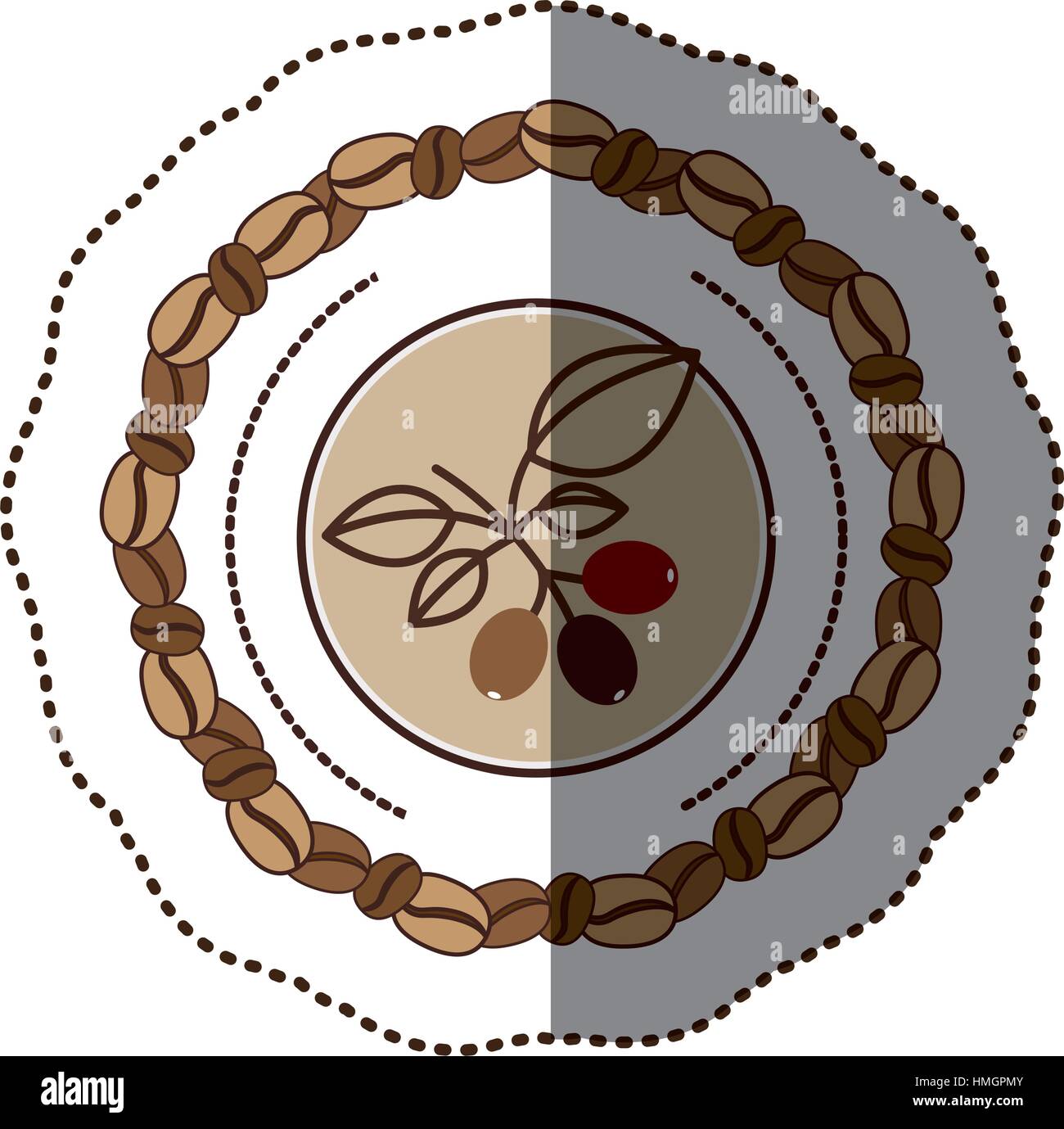 silhouette color sticker with coffee tree branch and round chain with ...