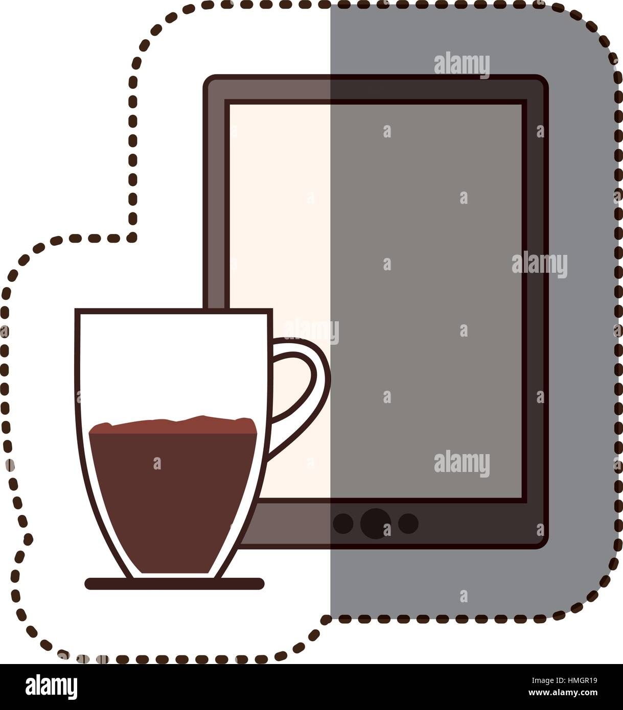silhouette sticker color with coffee cup and tablet vector illustration ...