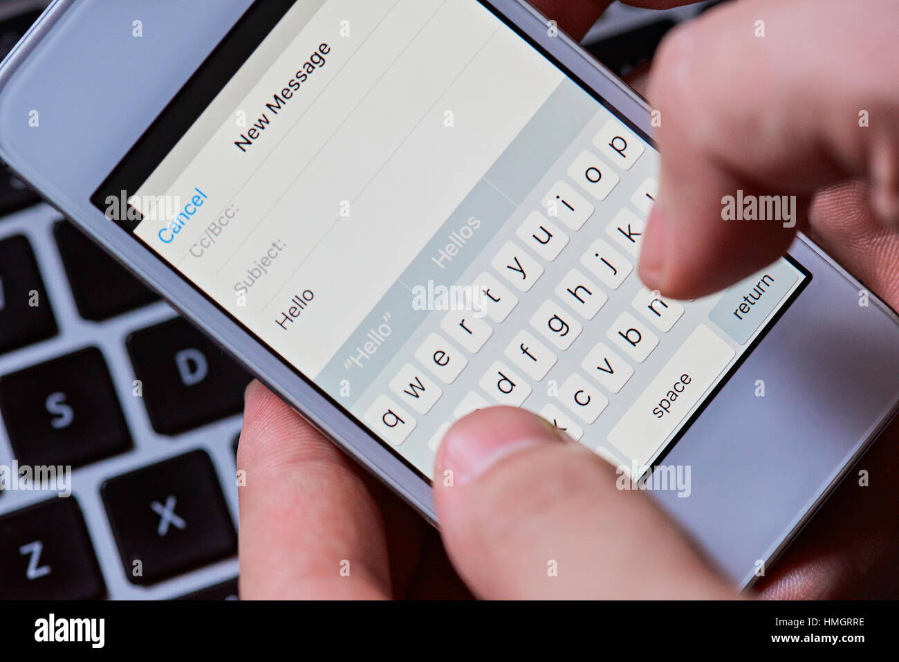 macro of typing hello message in smartphone Stock Photo - Alamy