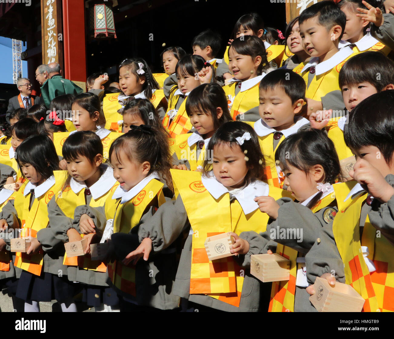 Tokyo, Japan. 3rd Feb, 2017. Kindergarten children throw beans to drive ...