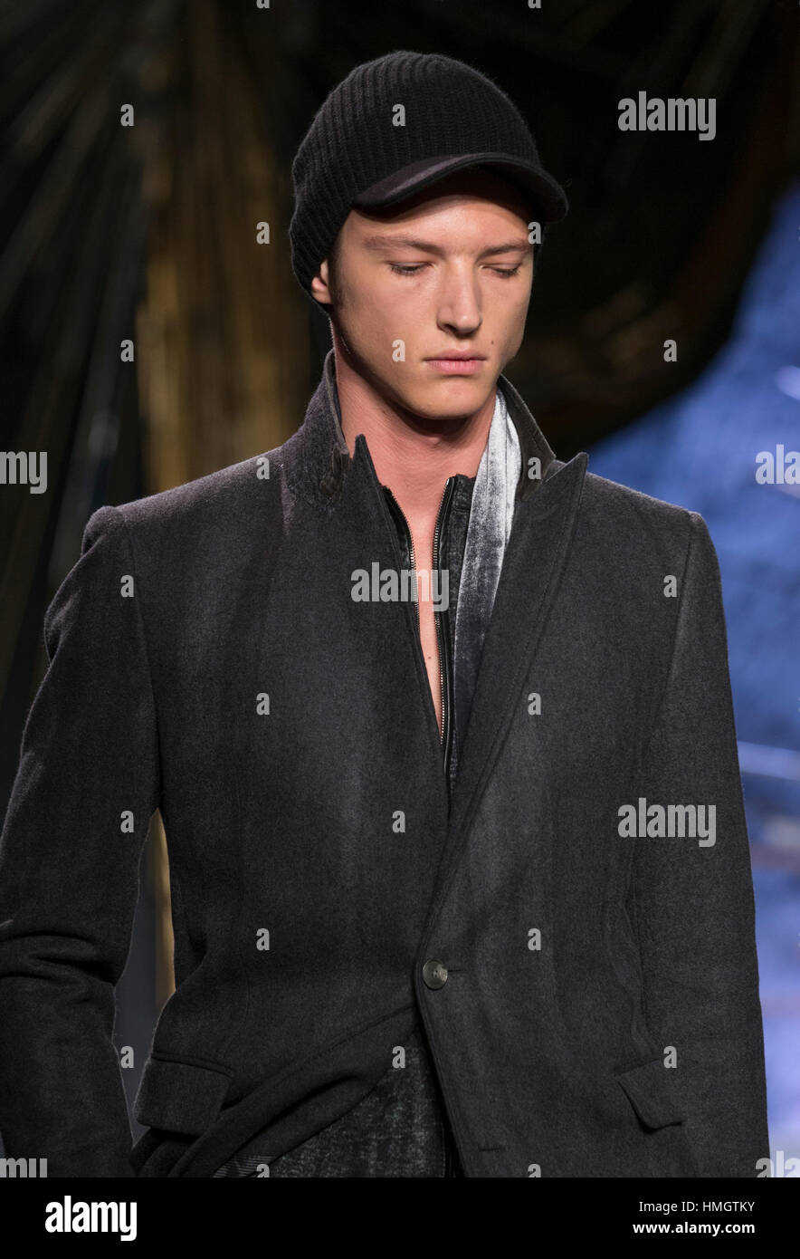 New York City, USA. 2nd Feb, 2017. Model walks runway for John Varvatos ...