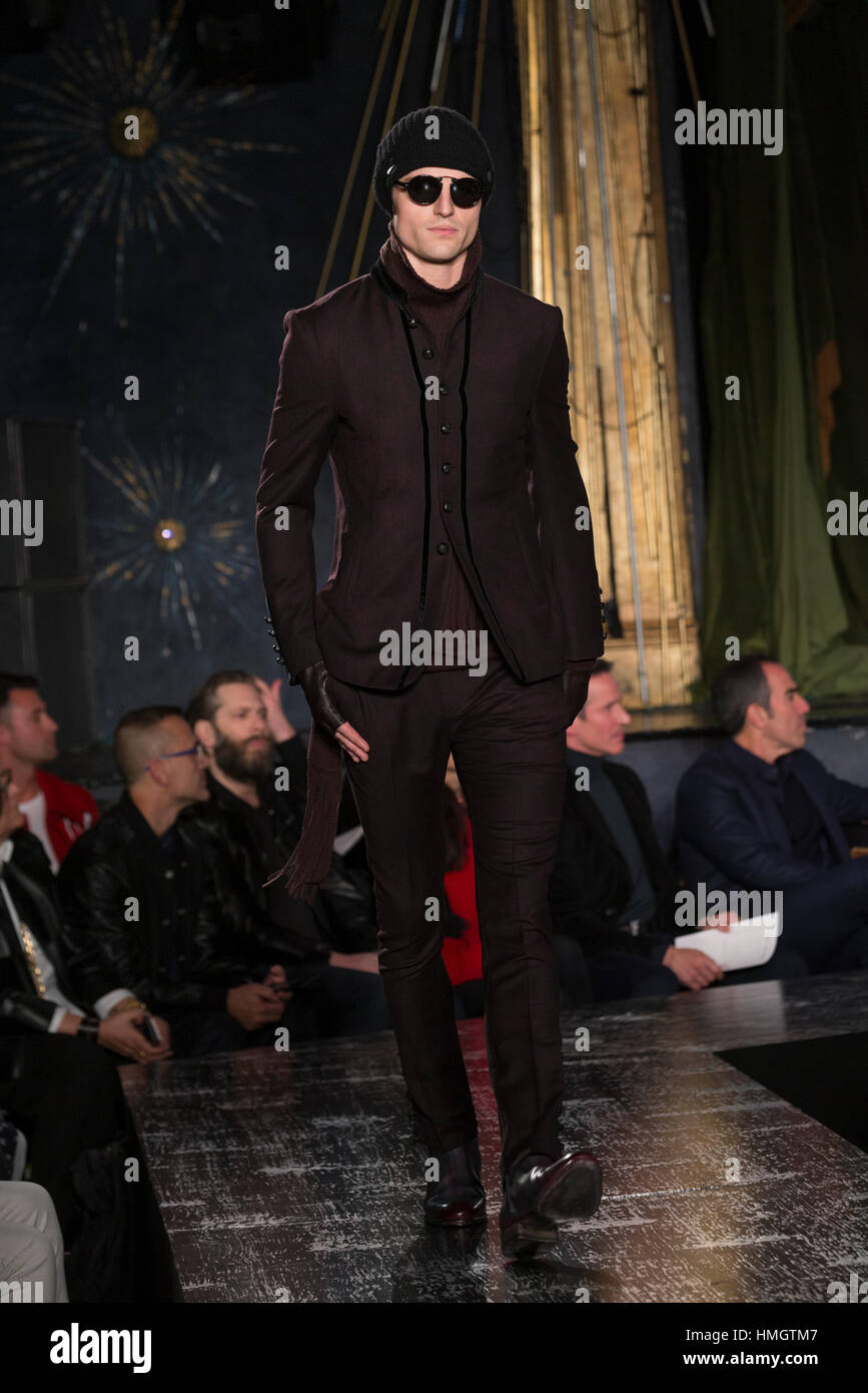New York City, USA. 2nd Feb, 2017. Model walks runway for John Varvatos ...