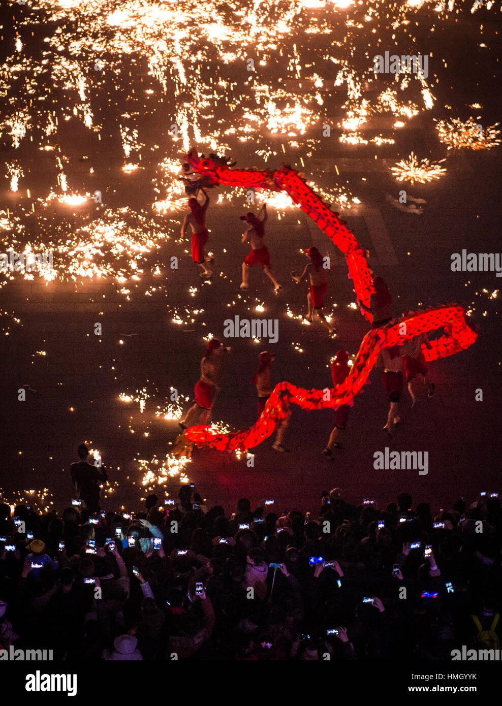 Zaozhuang, China. 2nd February 2017. People perform a fire dragon dance ...