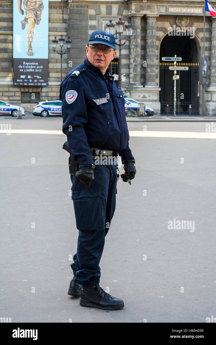 Paris, France. French Policeman on street, Guard CLosed Louvre Museum ...