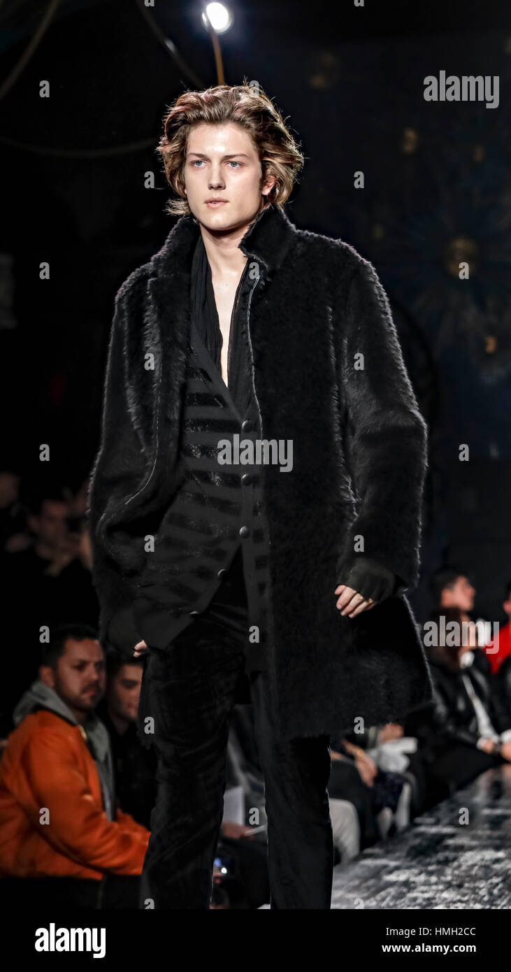 New York, USA. 2nd Feb, 2017. A model walks runway for John Varvatos ...