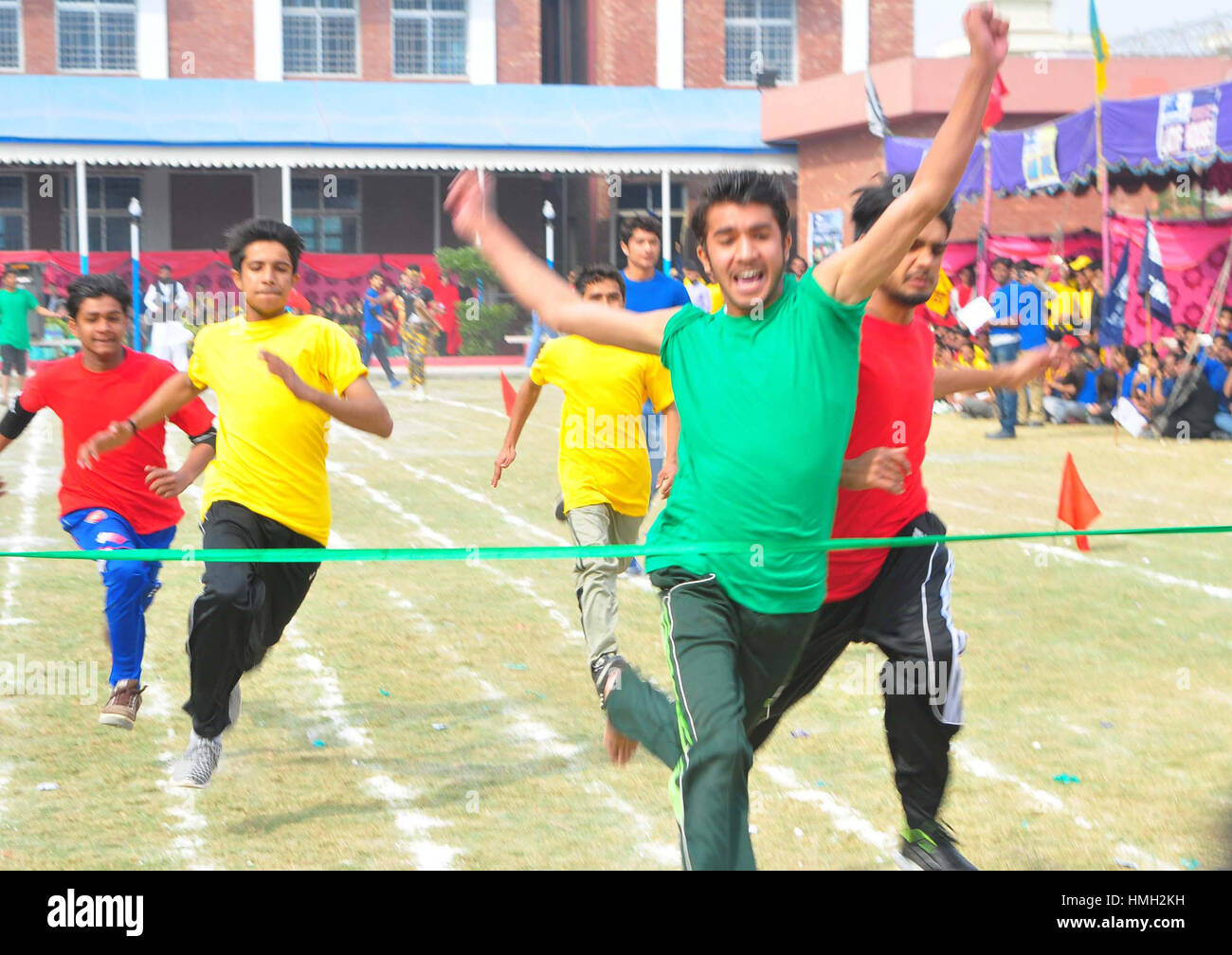 Students of school are participating in sports day held in Larkana on ...