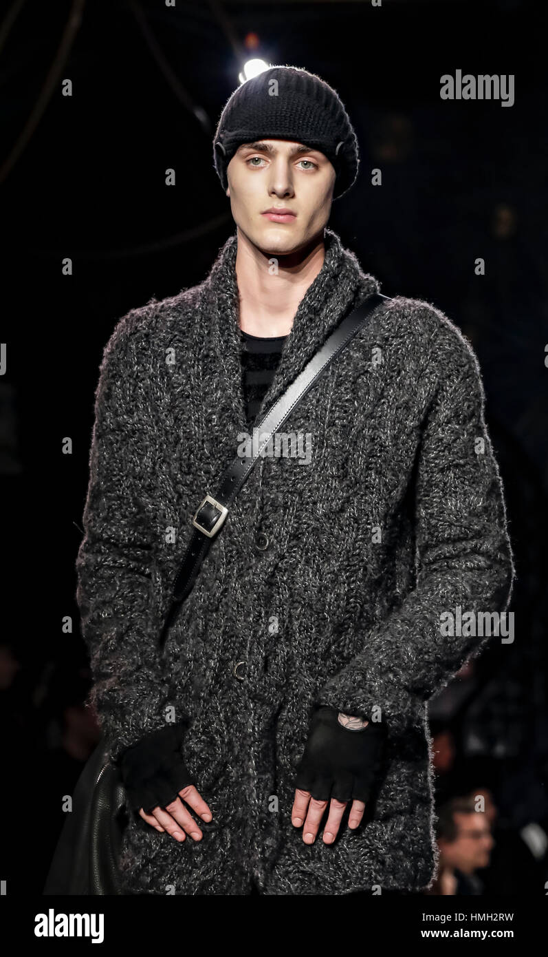 New York, USA. 2nd Feb, 2017. A model walks runway for John Varvatos ...