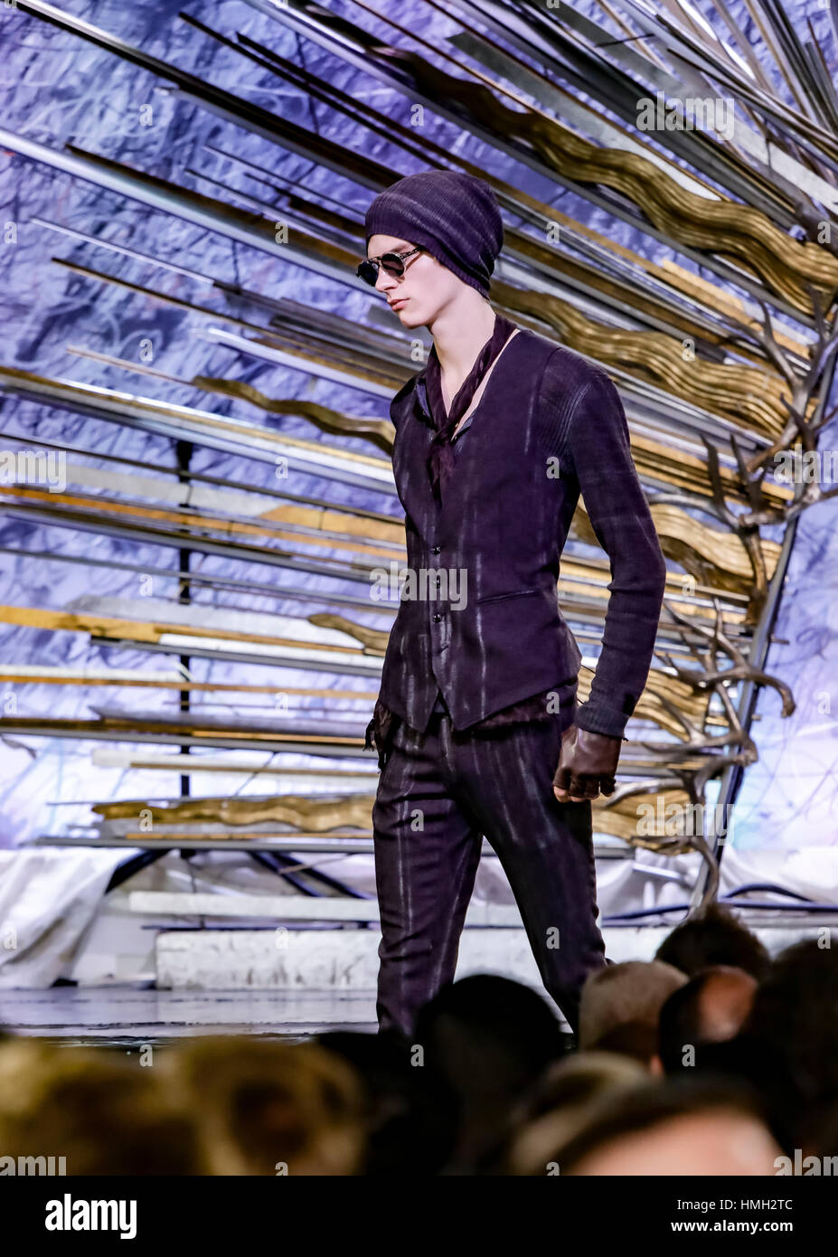New York, USA. 2nd Feb, 2017. A model walks runway for John Varvatos ...