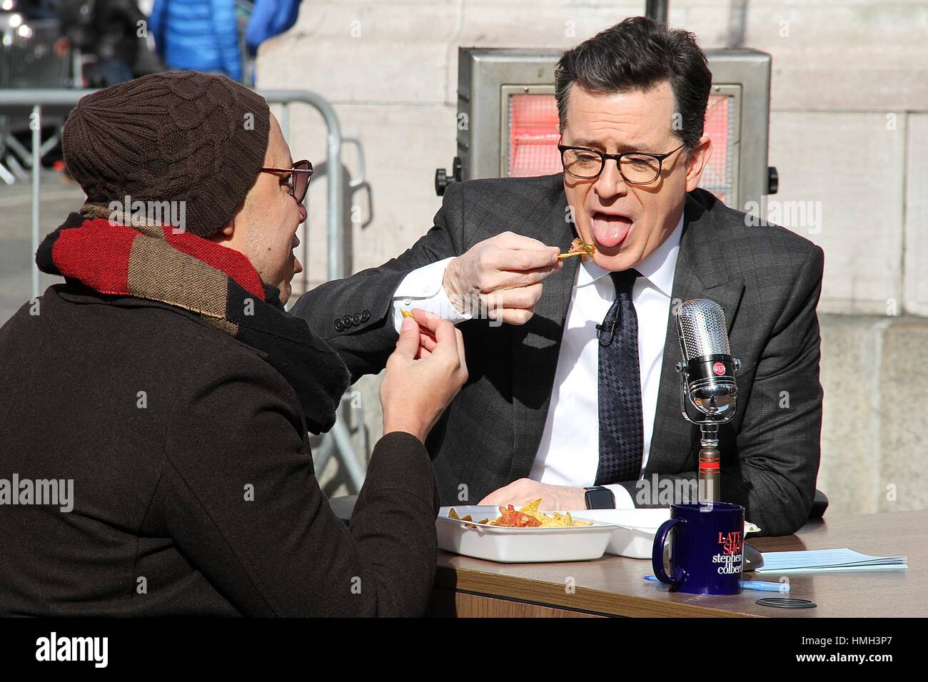 New York, USA. 3rd Feb, 2017. Stephen Colbert eats a tortilla chip with ...