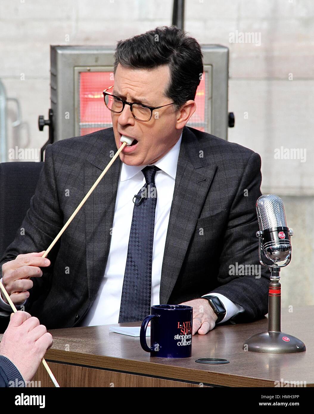 New York, USA. 3rd Feb, 2017. Stephen Colbert samples his marshmallow ...