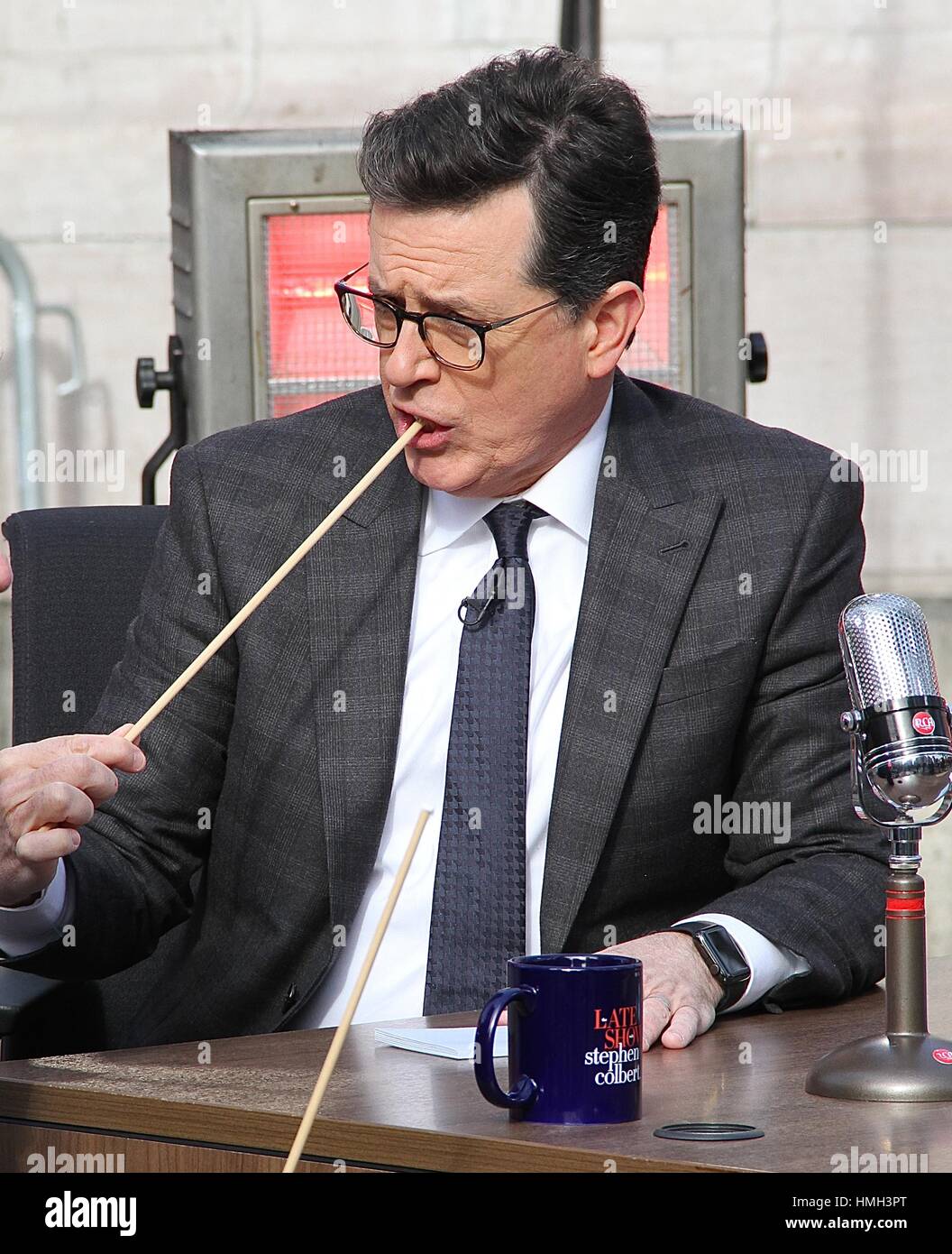 New York, USA. 3rd Feb, 2017. Stephen Colbert samples his marshmallow ...