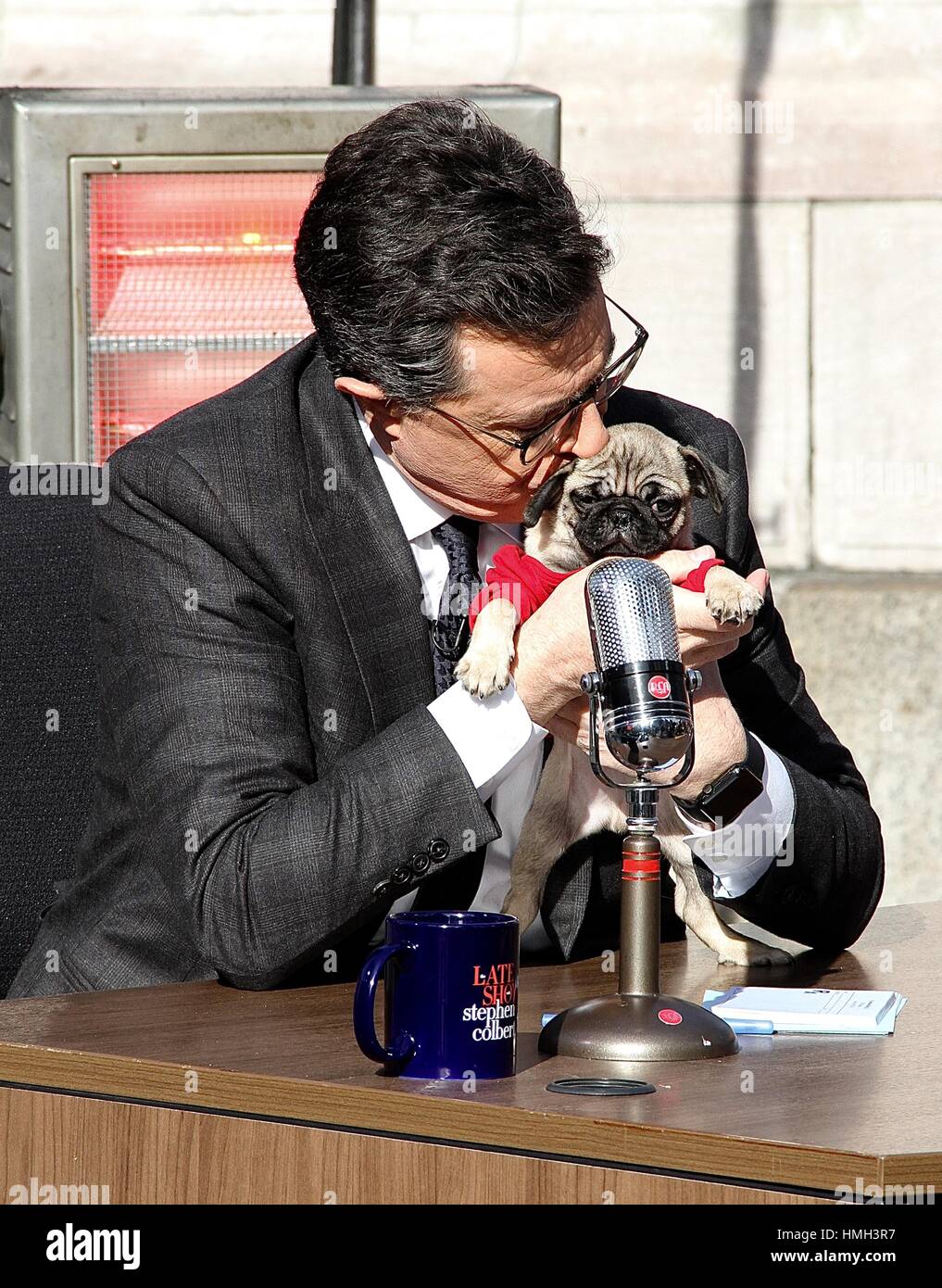 New York, USA. 3rd Feb, 2017. Stephen Colbert plays with a dog wearing ...