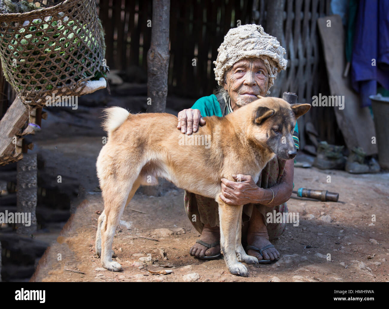 Chin region, Myanmar, November 11, 2014: muun tribe chin lady with her ...