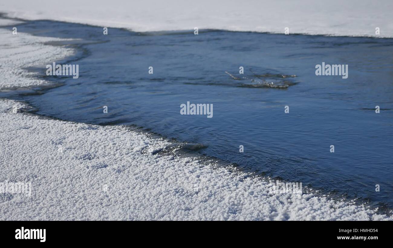 river winter ice snow, flowing blue water flow, of a winter landscape ...
