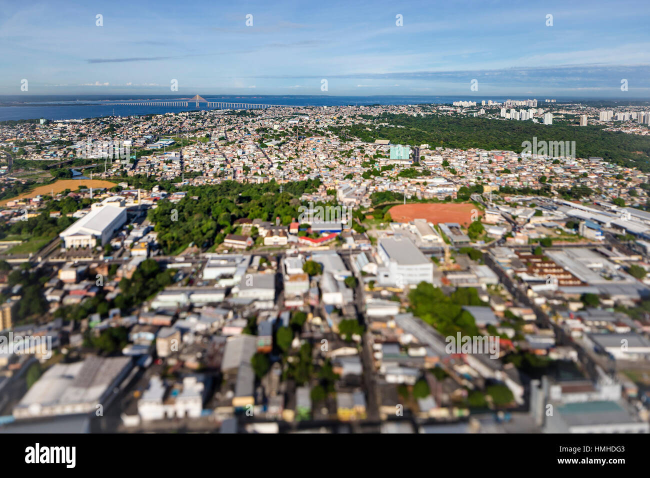 An aerial view of central Manaus in the Amazon, Brazil on the Rio Negro ...