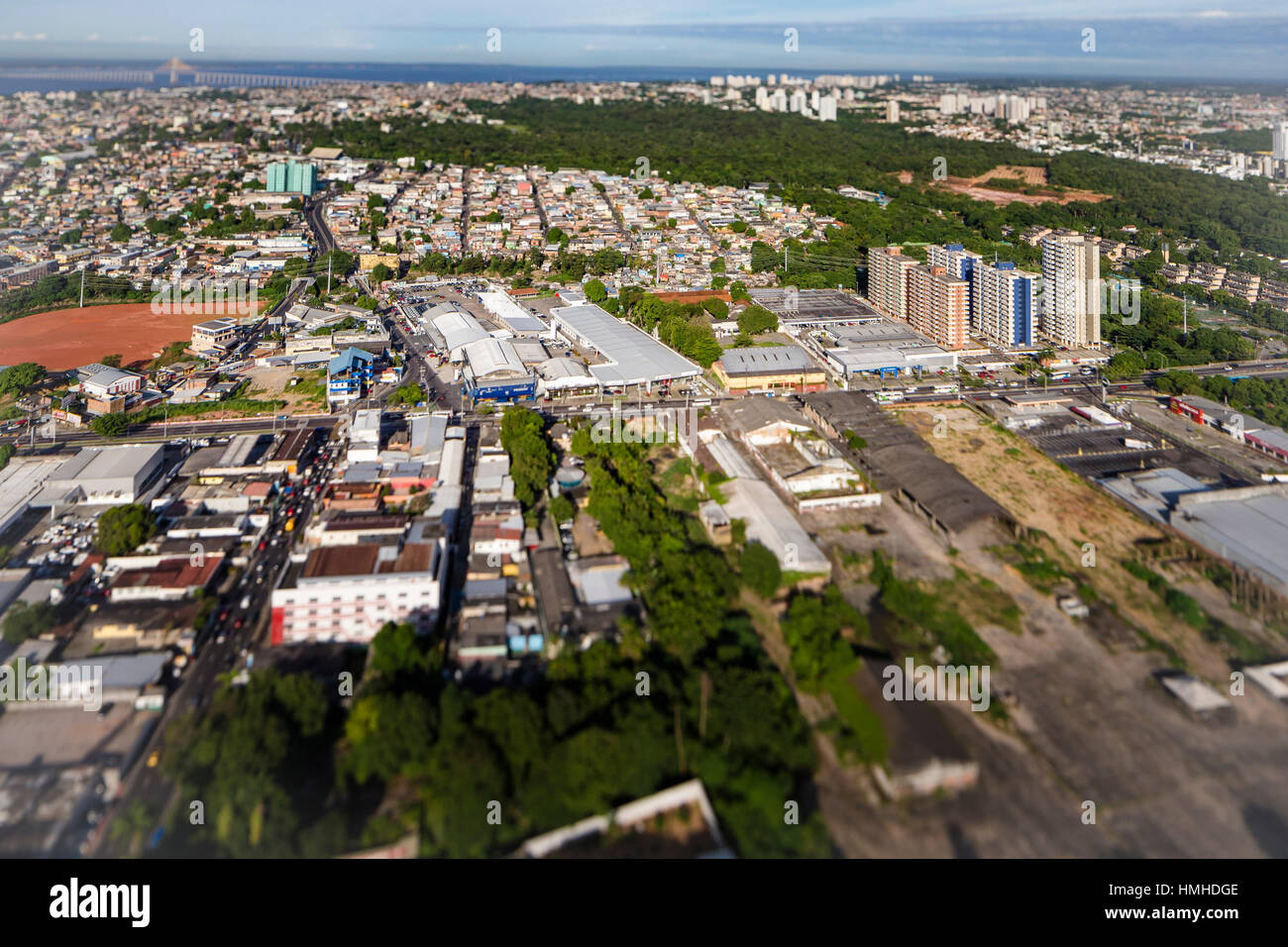 An aerial view of central Manaus in the Amazon, Brazil on the Rio Negro ...