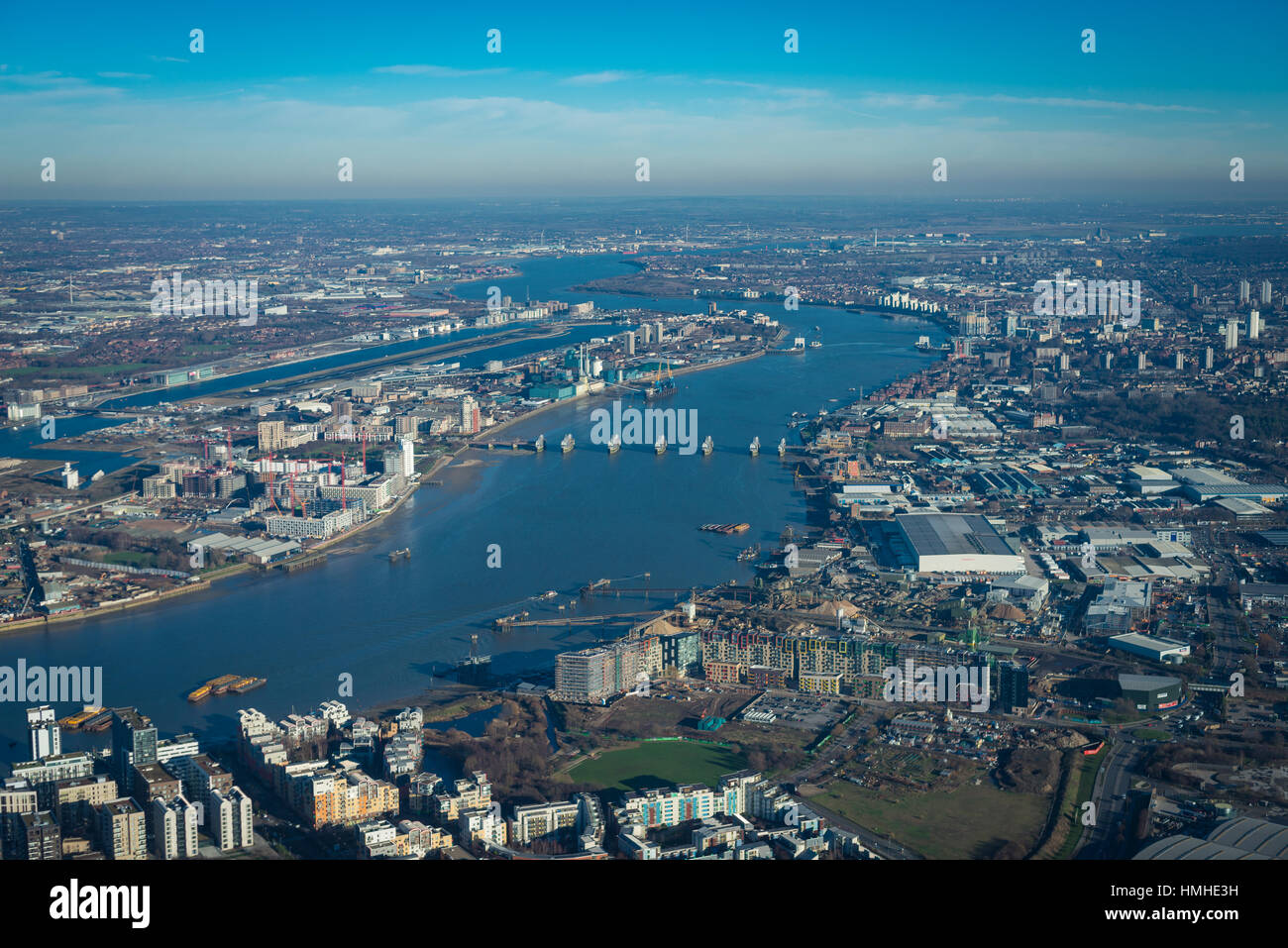 London from above, East London and the Thames Barrier, London, United ...