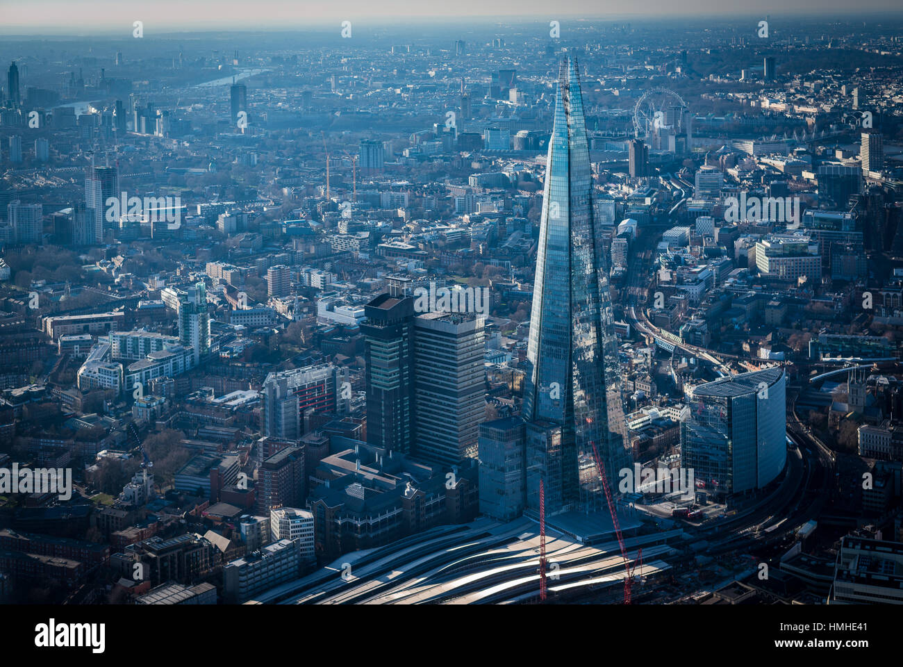 London from above, The Shard and London Eye seen from a helicopter ...