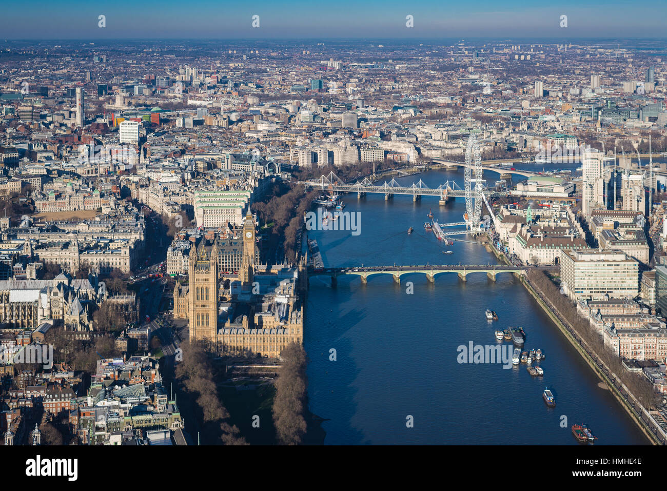 London from above, Big Ben and the London Eye seen from a helicopter ...