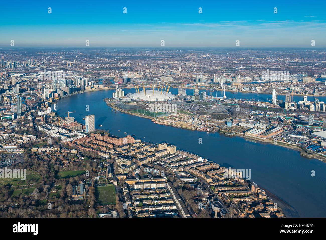 London from above, O2 and East London seen from a helicopter Stock ...