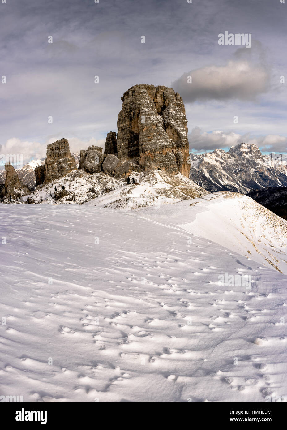 Italian Dolomites with Cinque Torri covered with snow in winter ...
