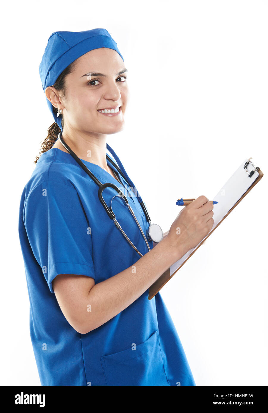 smiling doctor write on board isolated on white Stock Photo - Alamy