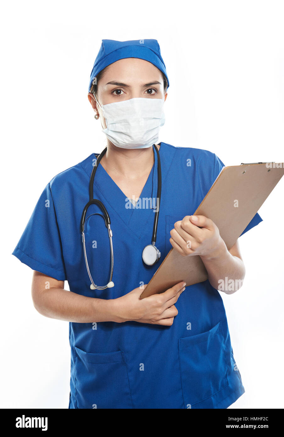 doctor in mask with board isolated on white Stock Photo - Alamy