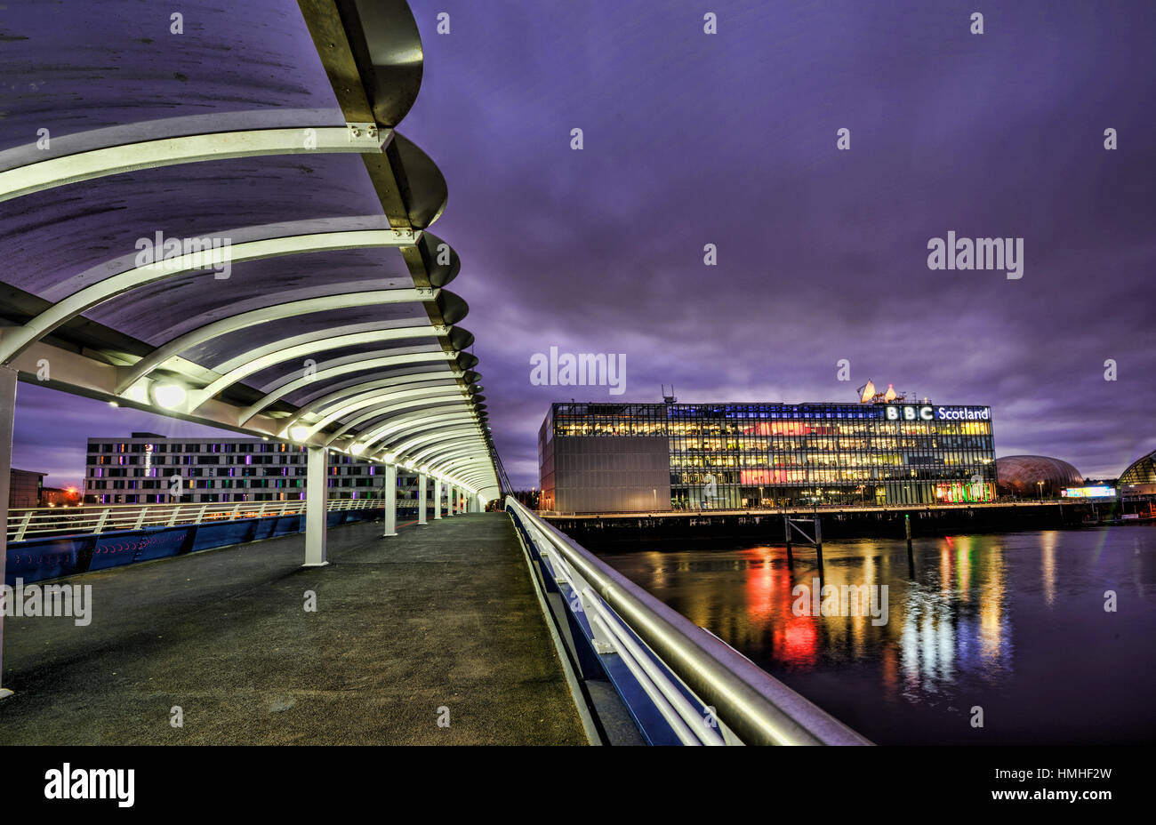 Bells Bridge leading over the River Clyde to the BBC Scotland building ...
