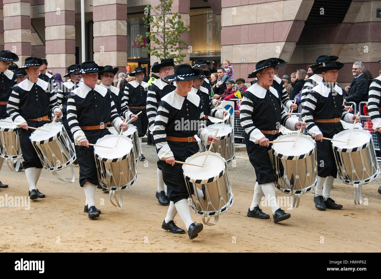 Military drummers march past n the procession at the annual Lord Mayor ...