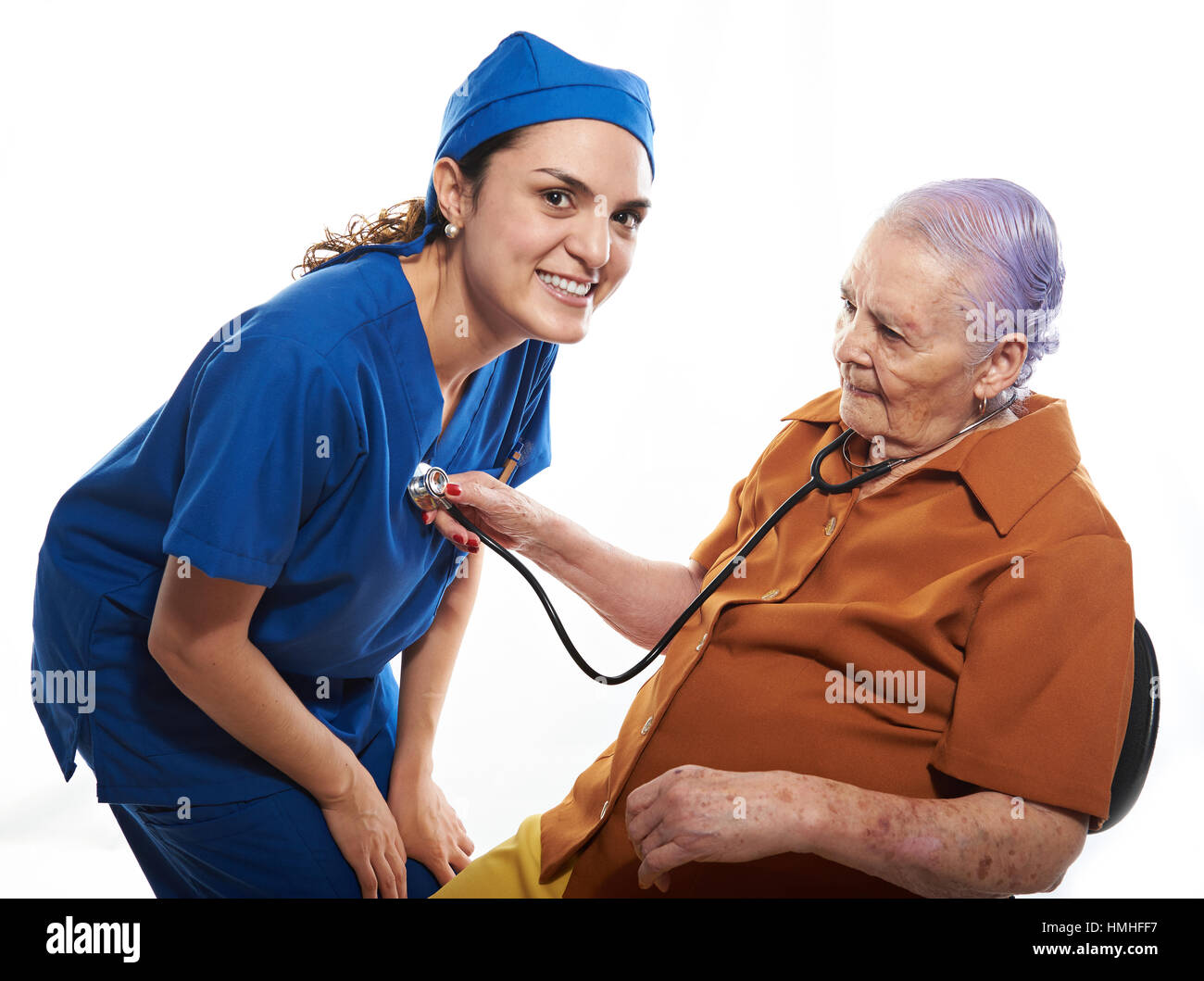 old woman check a doctor health with stethoscope isolated Stock Photo ...