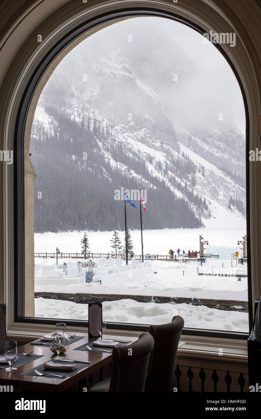Dining room window view of The Fairmont Lake Louise; Lake Louise; Banff ...