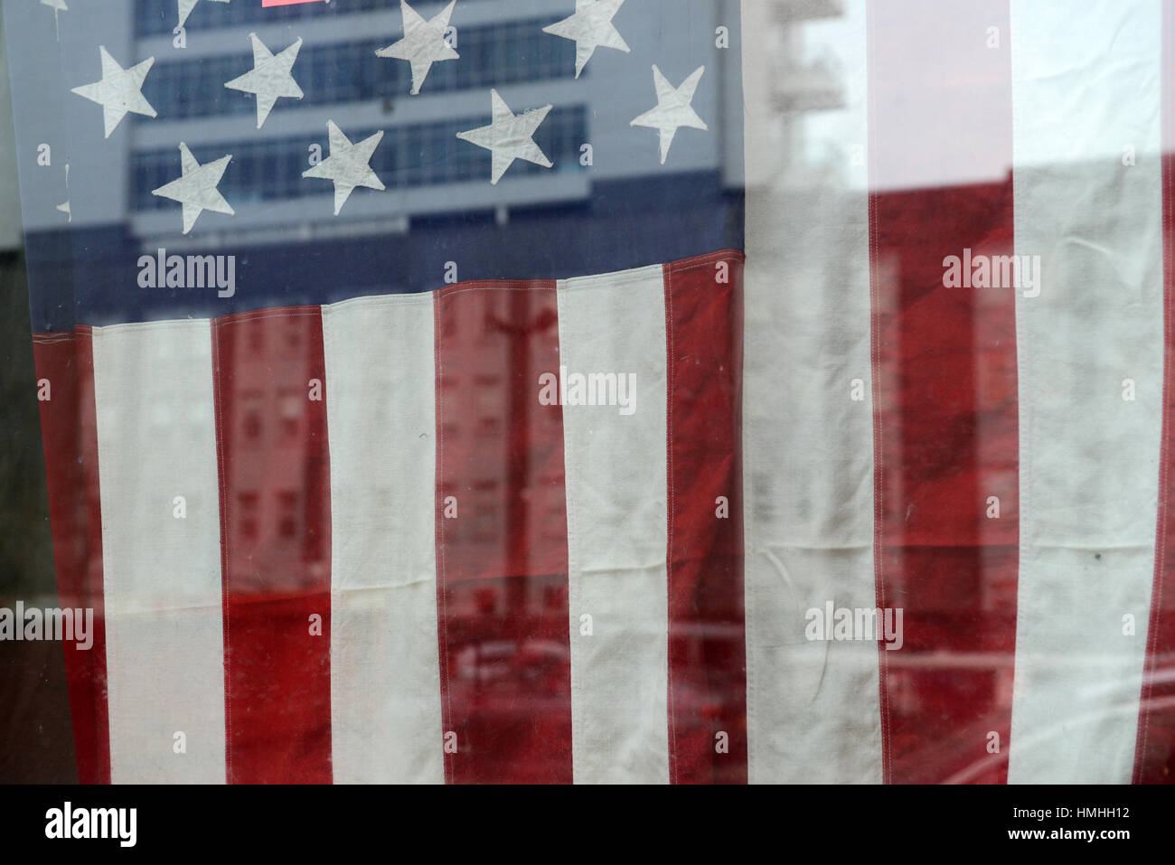 US Flag in window, Williamsburg, Brooklyn, New York City Stock Photo ...