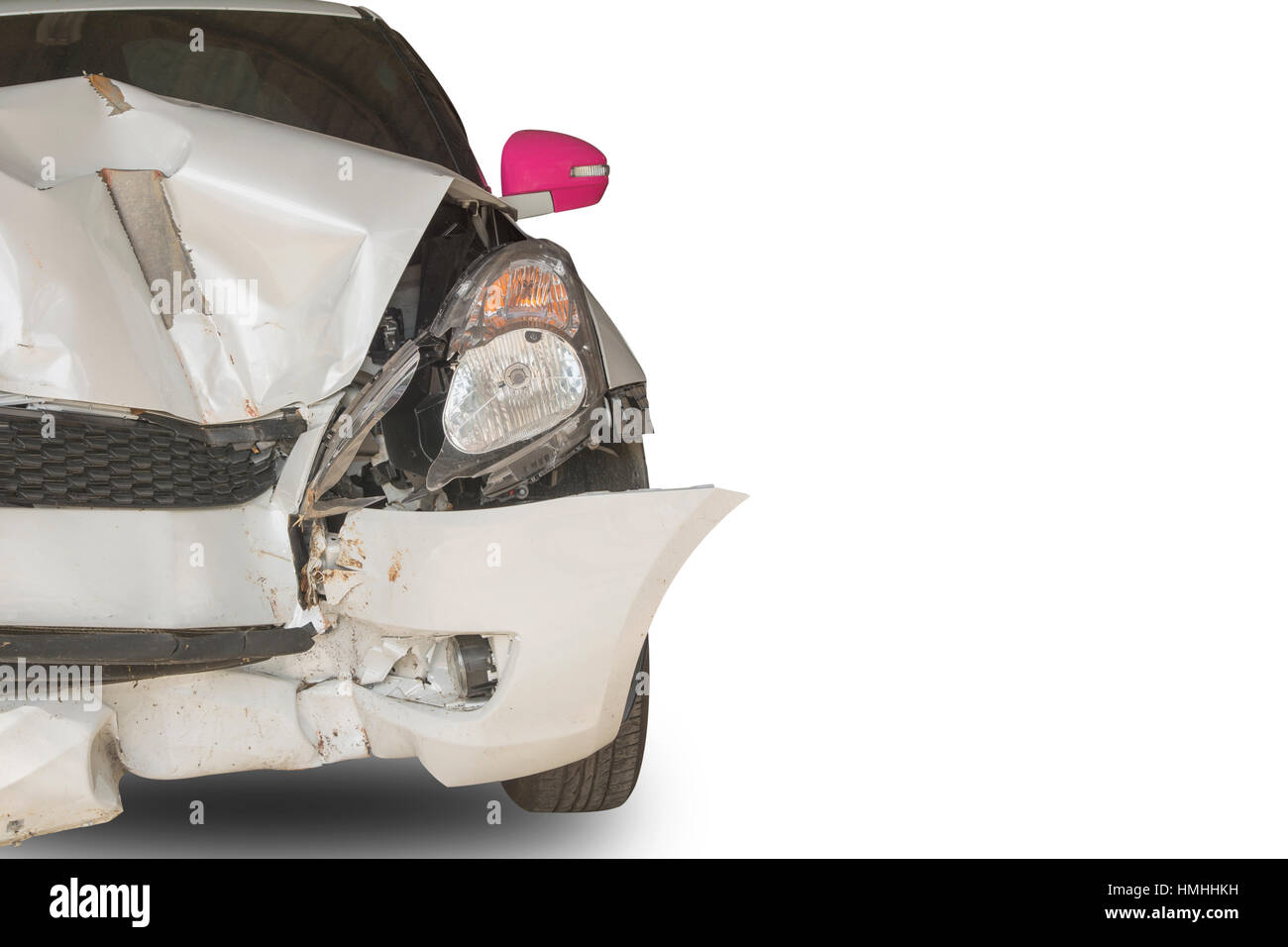 White car accident front side isolated on white with clipping path ...