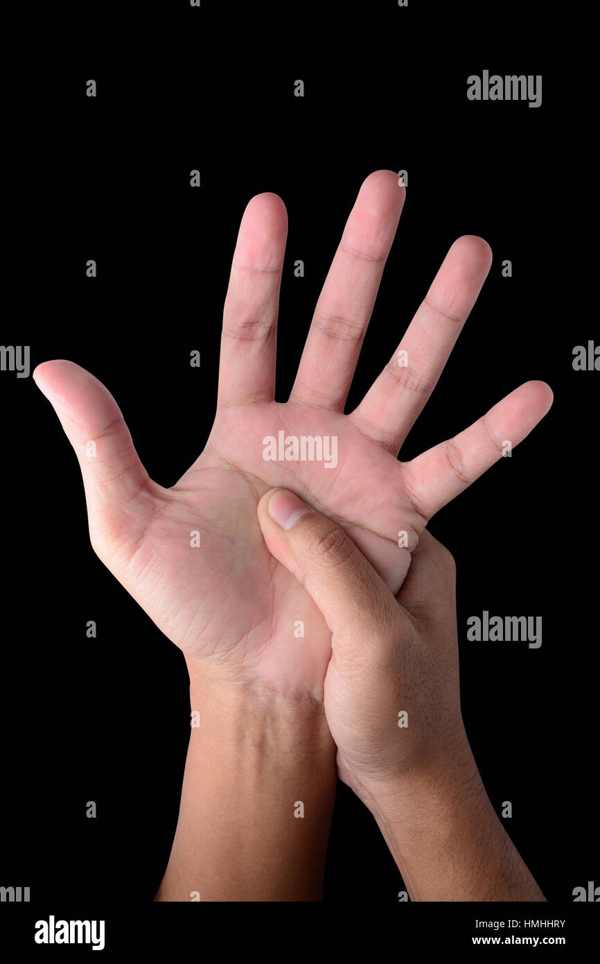 Close up male holding hand isolated on black with clipping path. Hand ...