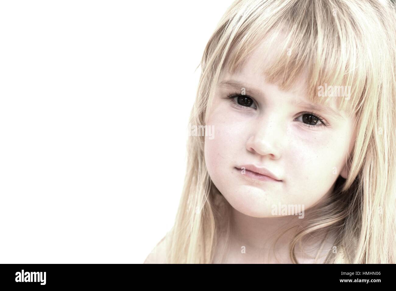 Little girl looking sad sweet brown eyed child, pensive look, passive ...