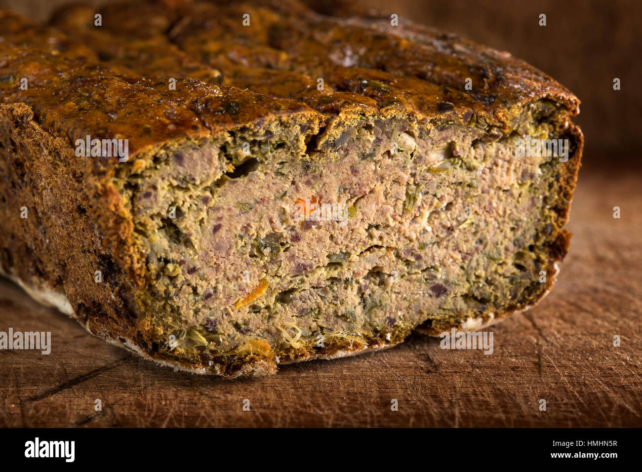 Romanian traditional food called Drob made from meatloaf on wood ...