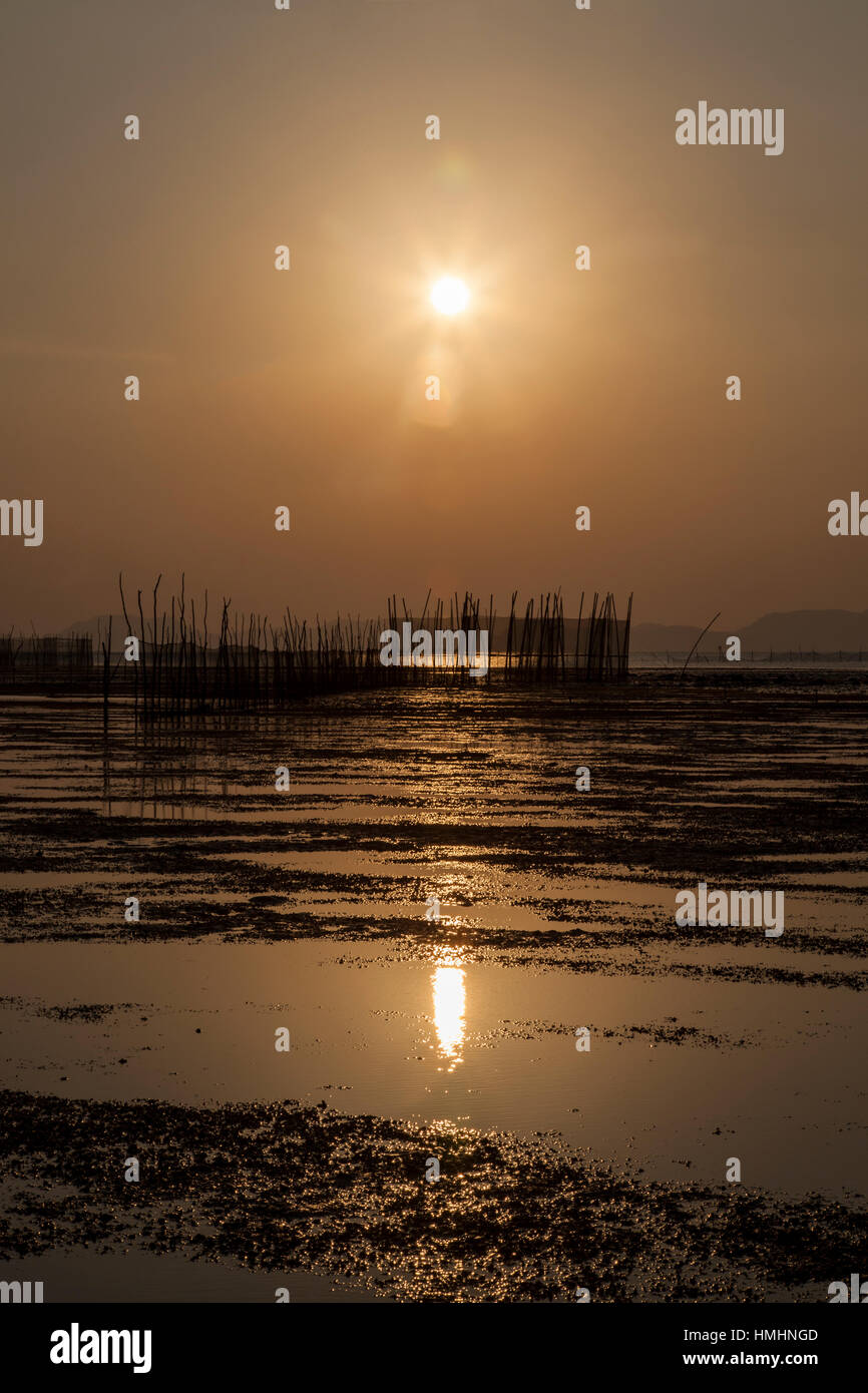 Tide fishing nets at sunset. Thailand Stock Photo - Alamy